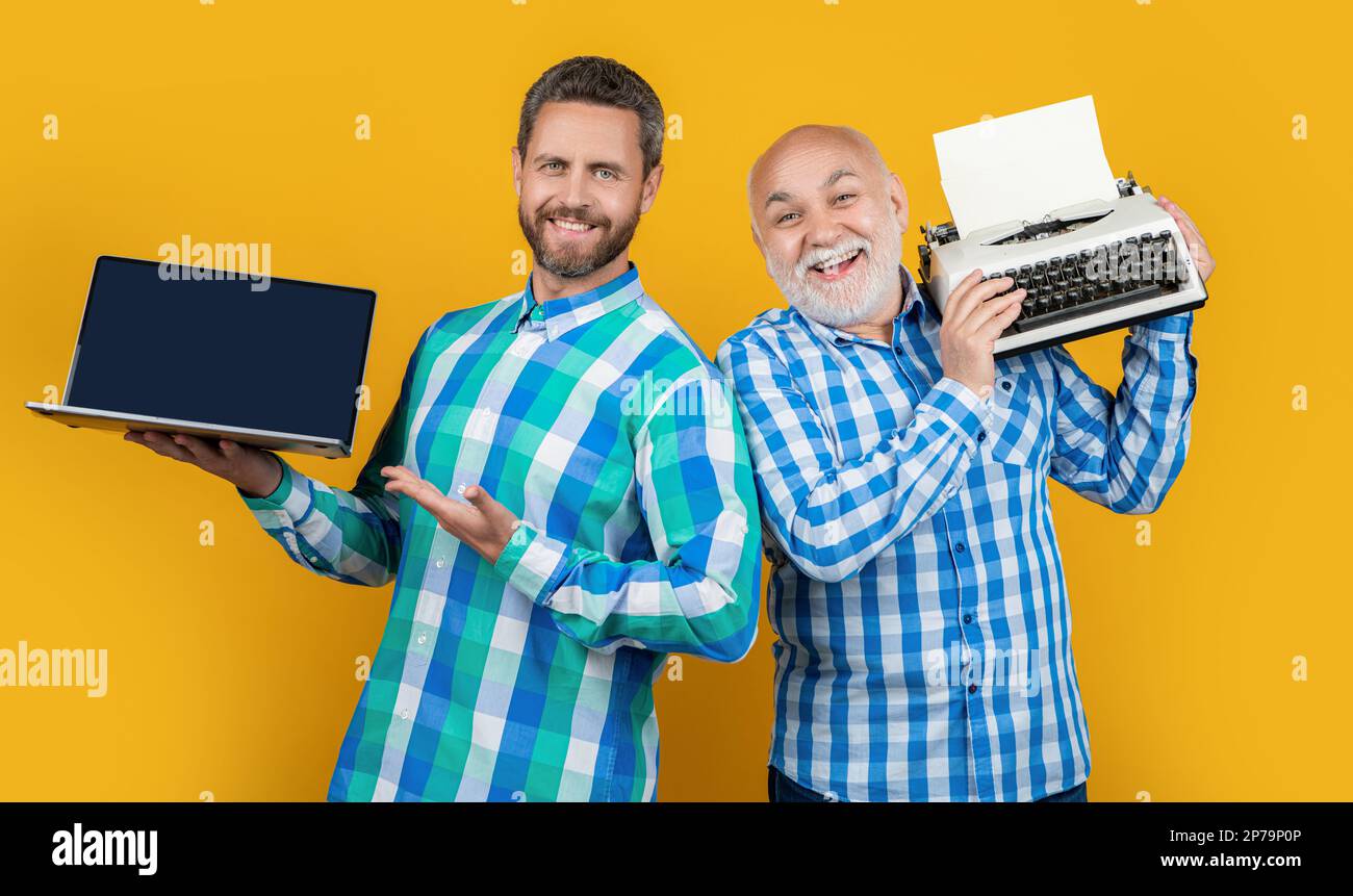 happy men show versus nostalgia isolated on yellow. two men show versus ...