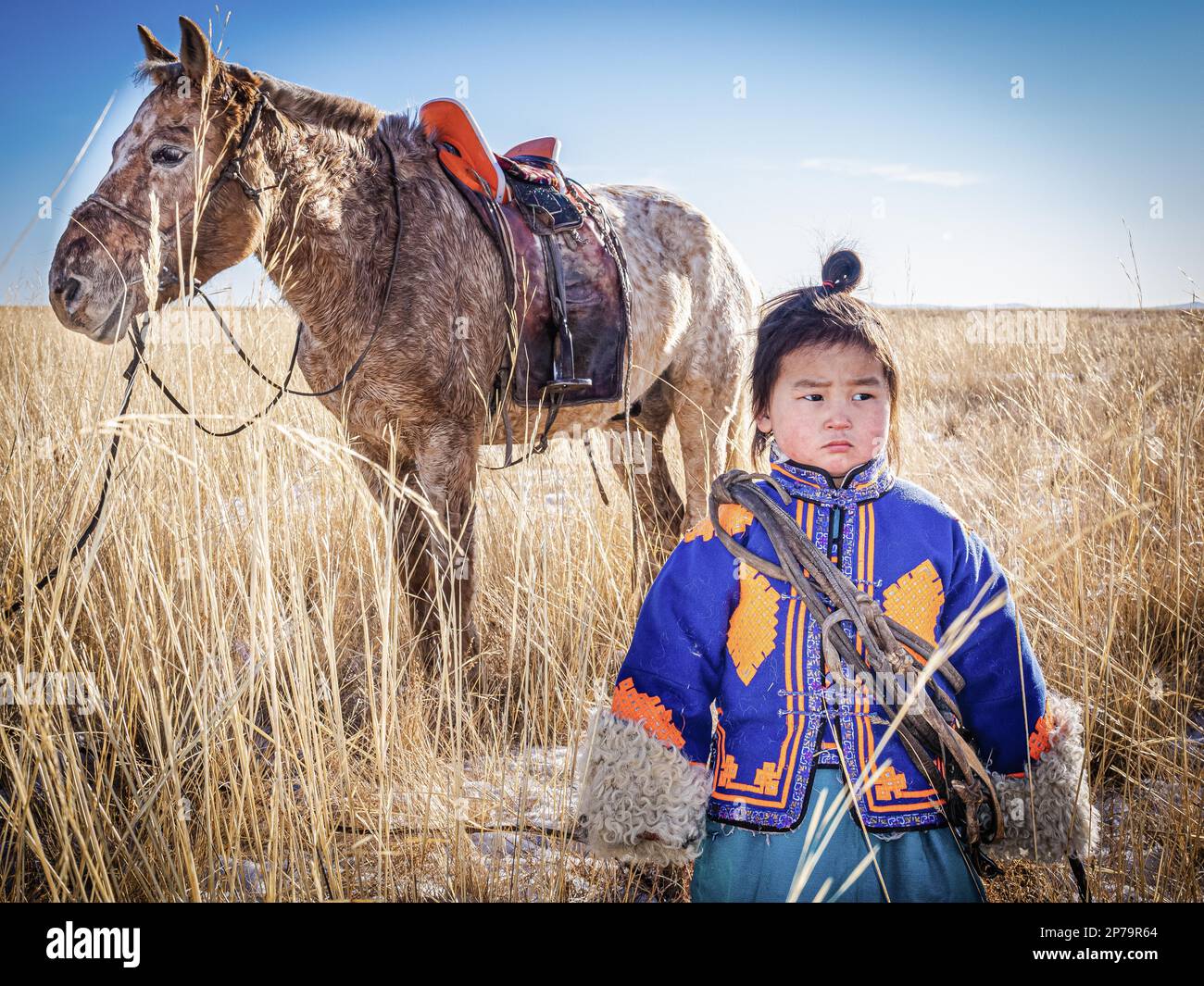 A boy in traditional dress stands next to a horse. Dornod Province ...
