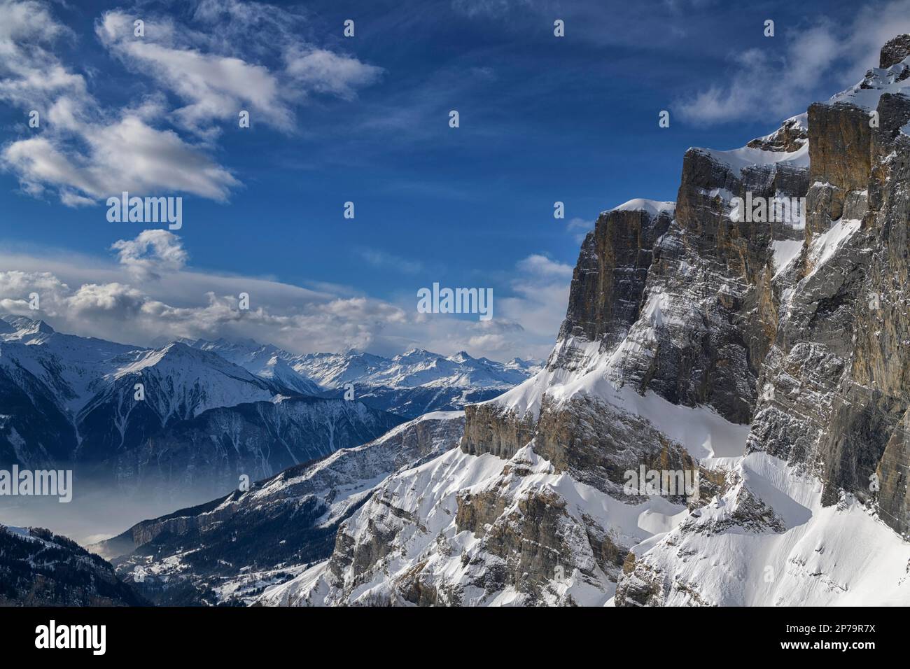 High mountain scenery, snow, blue sky, clouds, Gemmi, Valais ...