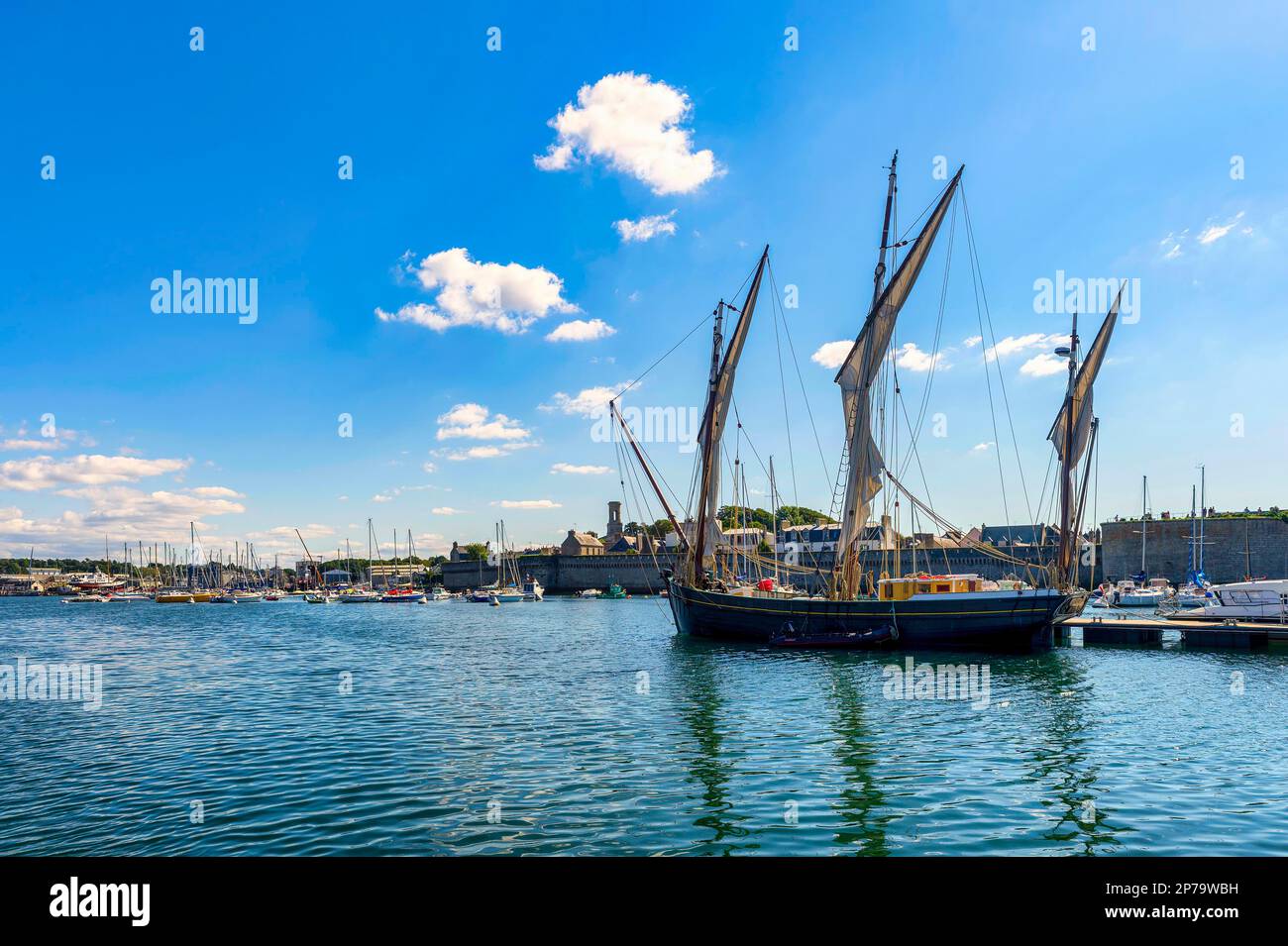Three-masted schooner, sailing ship, historic, sails reefed, harbour ...