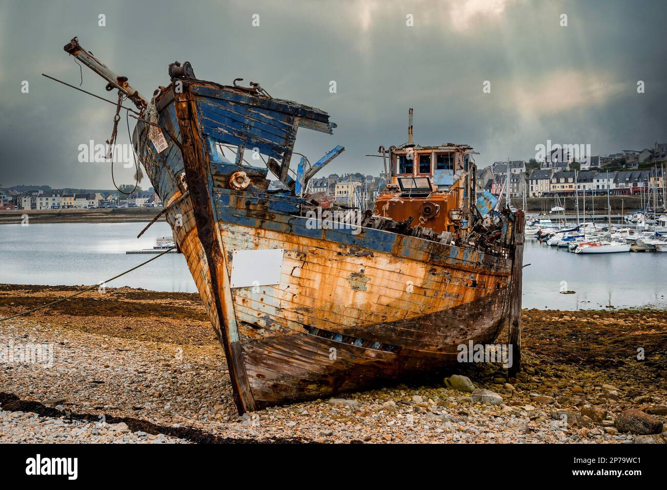 Old fishing boat in the ship graveyard of Camaret-sur-Mer, Finisterre ...