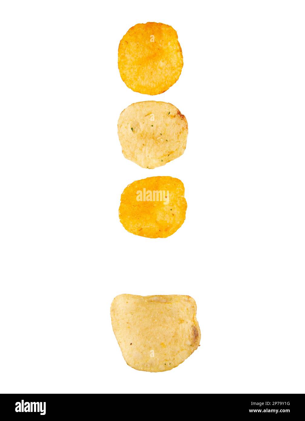 Exclamation mark composed of potato chips and isolated on white ...
