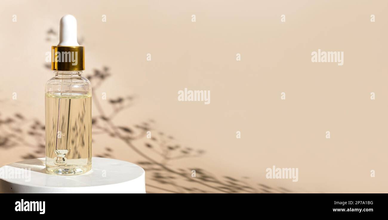 Natural oil cosmetics on neutral background. Dropper glass Bottle Mock ...