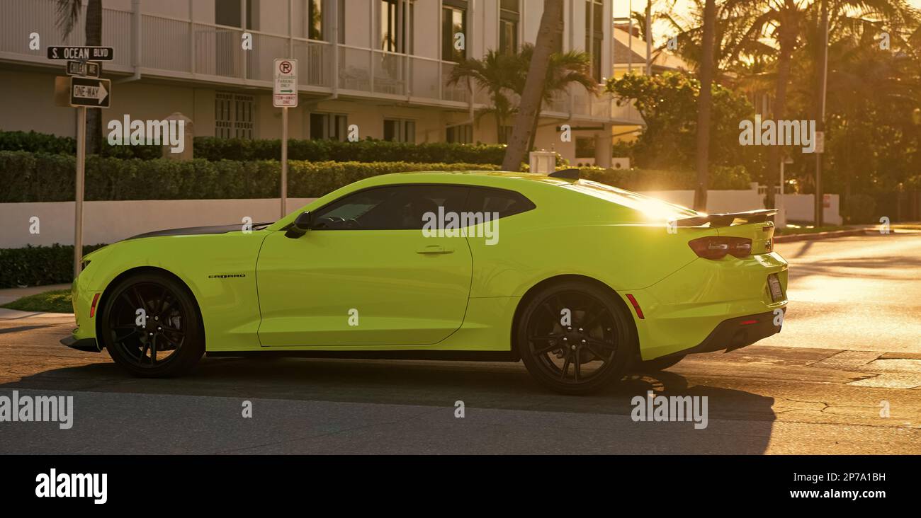 Palm Beach, Florida USA - March 22, 2021: green Chevrolet Camaro car in ...