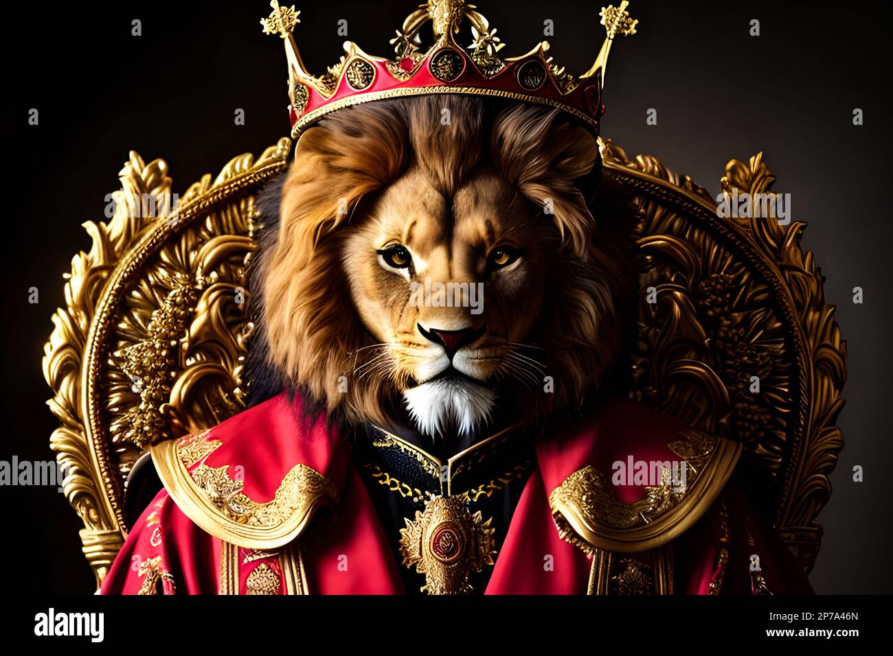 The lion person dressed in kings clothes and the crown on his head ...