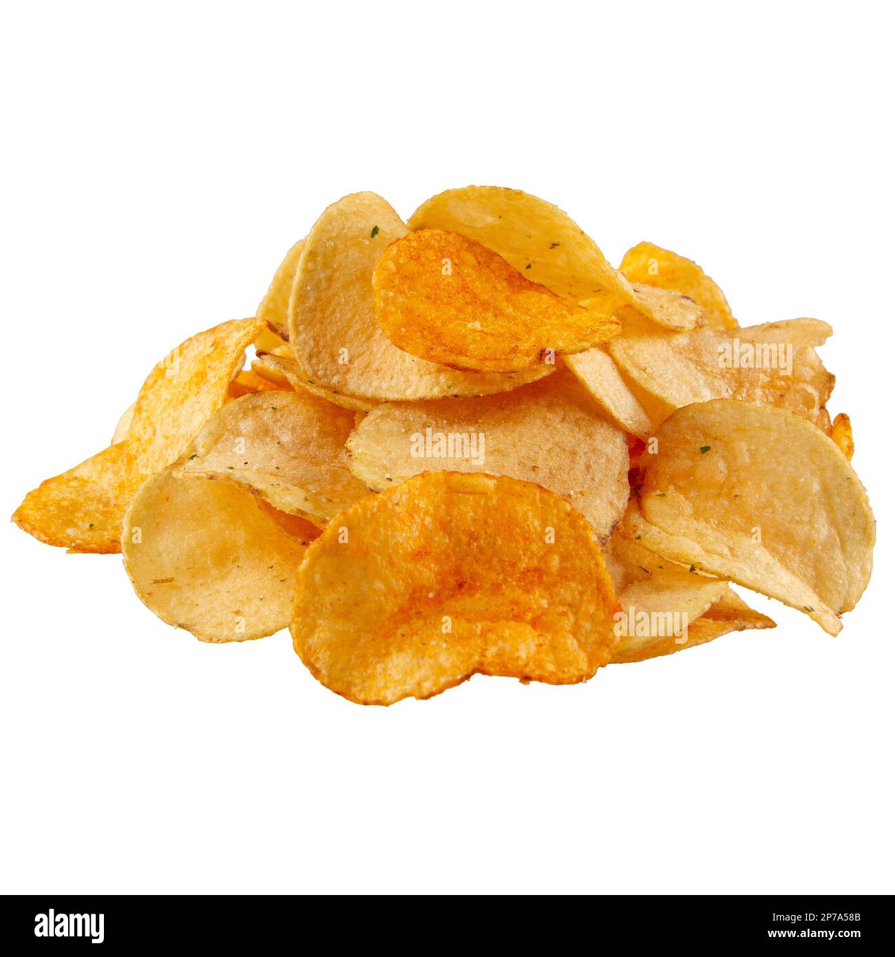 Pile of potato chips isolated on white background. Tantalizing blend of ...