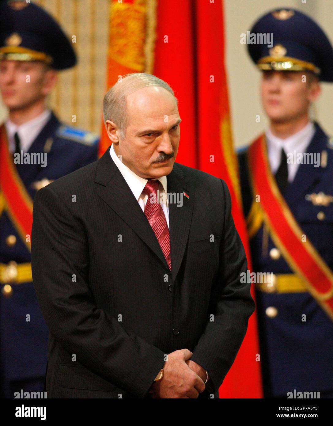 Belarusian President Alexander Lukashenko looks on during his ...