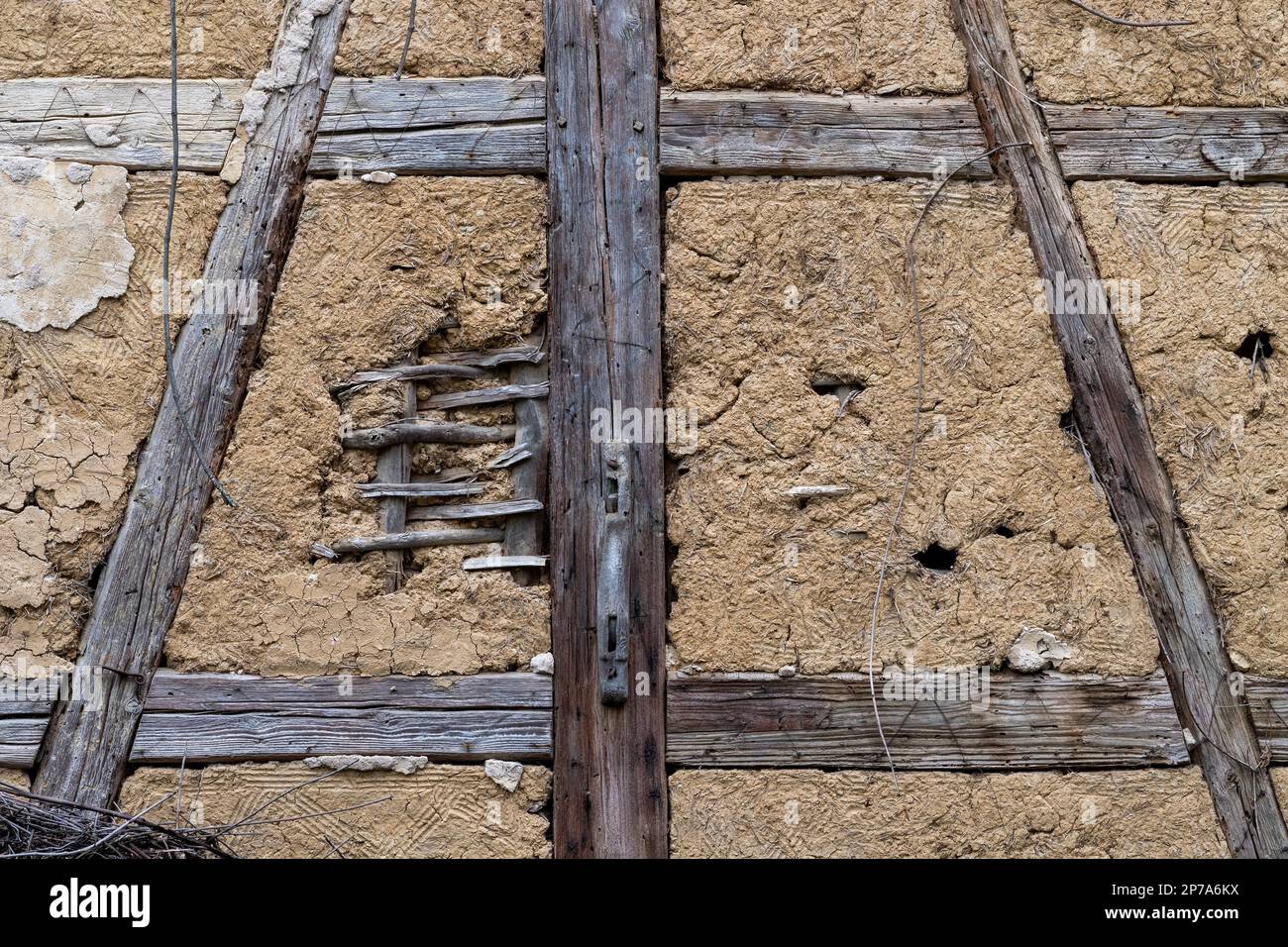 Old half-timbered wall, wooden beams with clay, barn, Baden ...