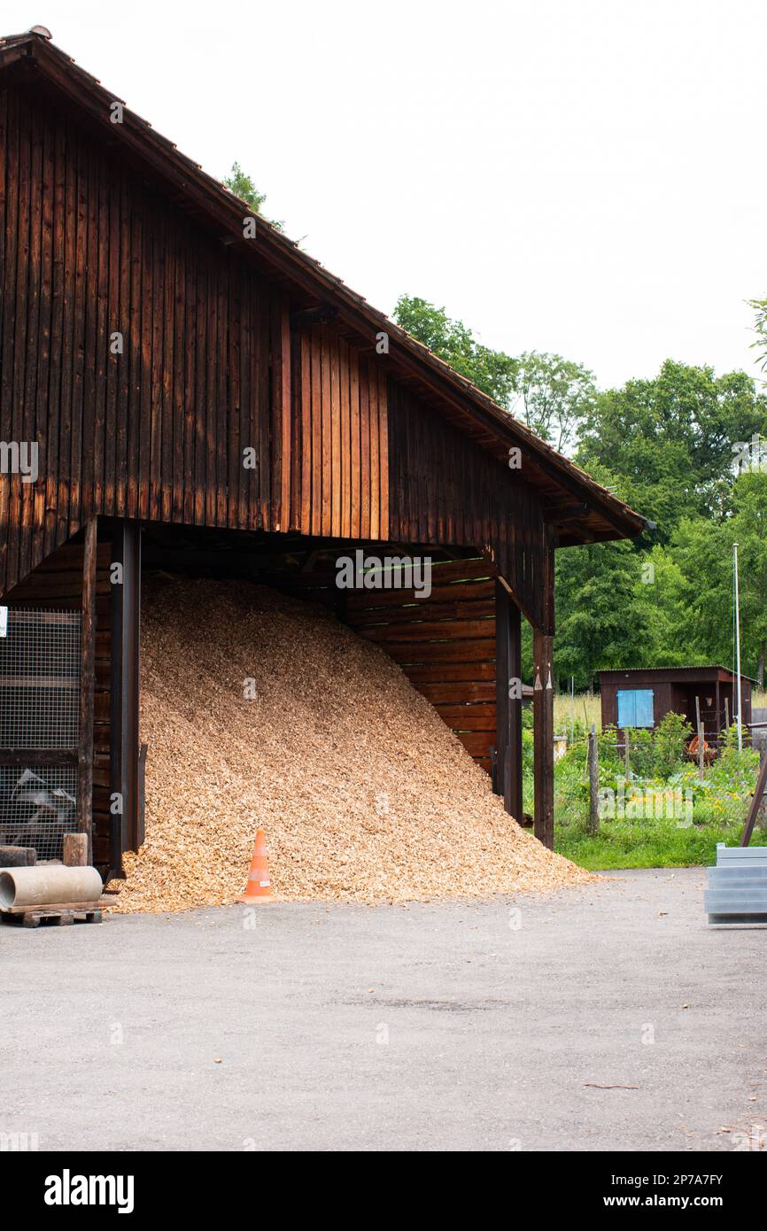 Big pile of saw dust wood shavings overflowing from an outside wood ...