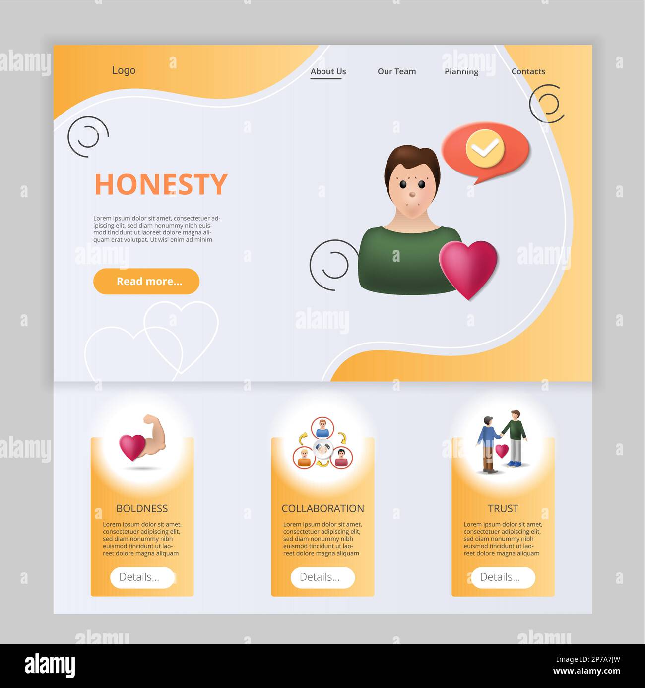 Honesty flat landing page website template. Boldness, collaboration ...