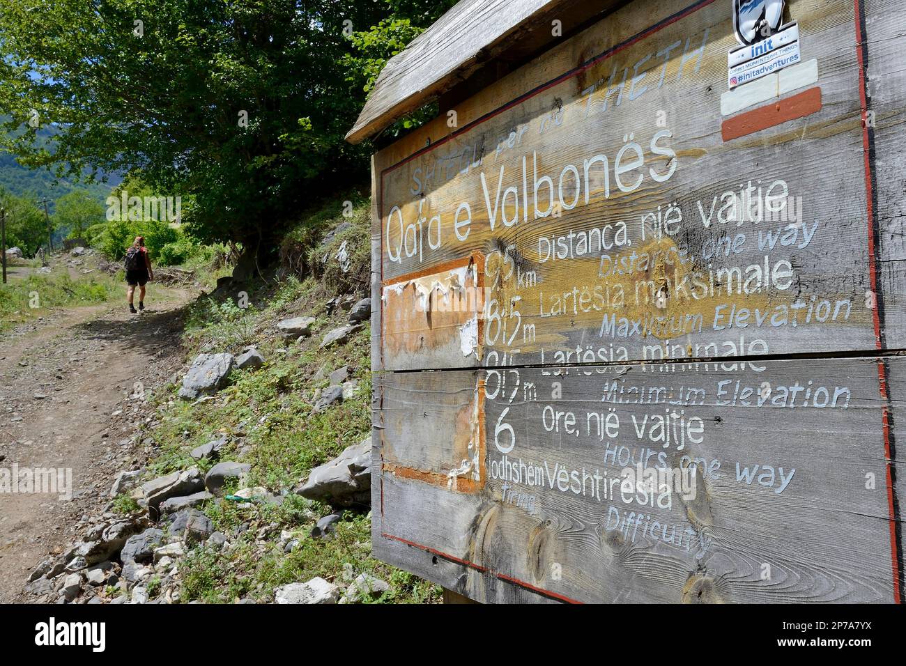 Information board on the hiking trail to Qafa e Valbones, Valbona Pass ...
