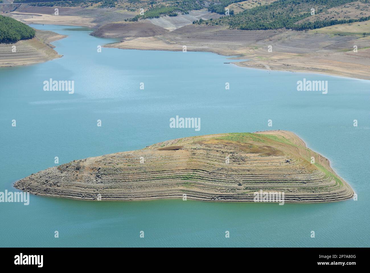 Little water in the Fierza reservoir with dry shore, near Kukes ...