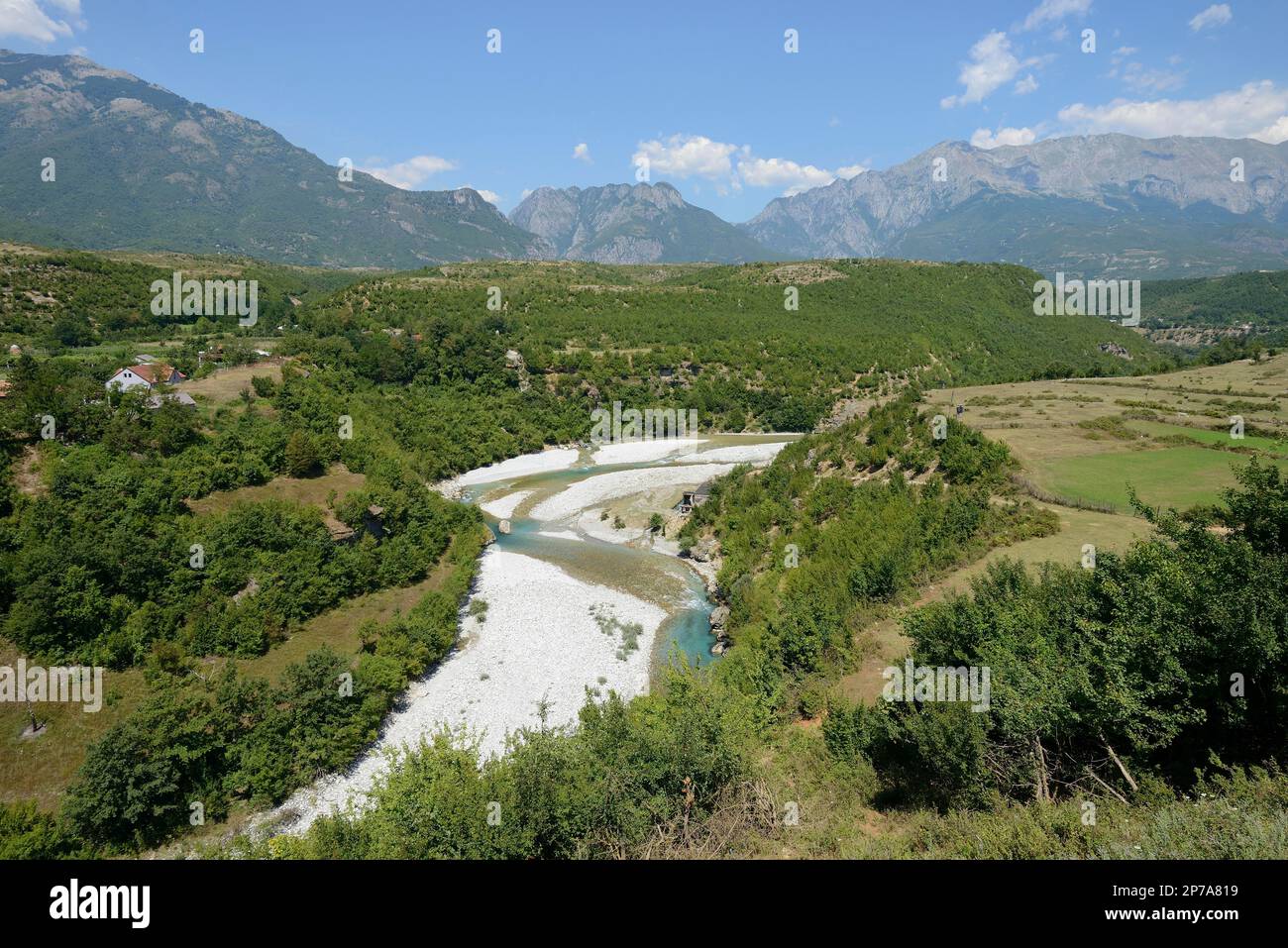 Landscape with gravelly riverbed of the Valbona, Valbona Valley ...