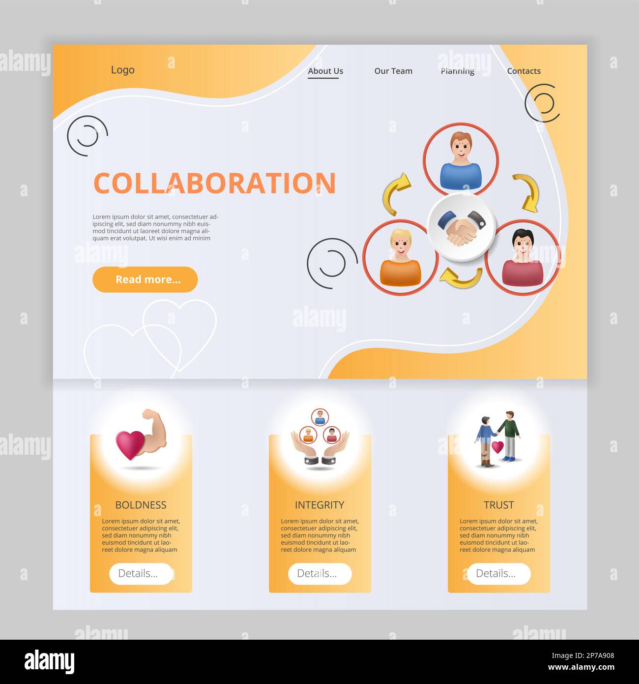 Collaboration flat landing page website template. Boldness, integrity ...