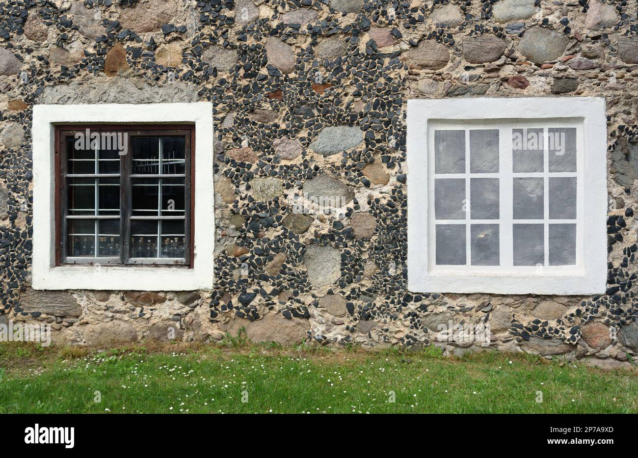 White windows on an old stone wall Stock Photo - Alamy