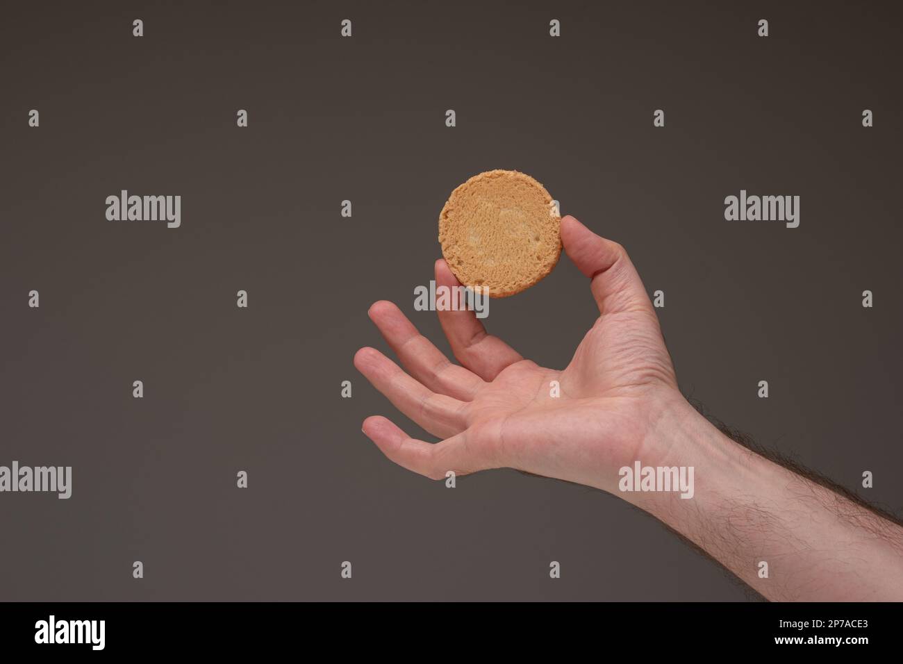 Single shortbread biscuit held by male hand. Close up studio shot ...