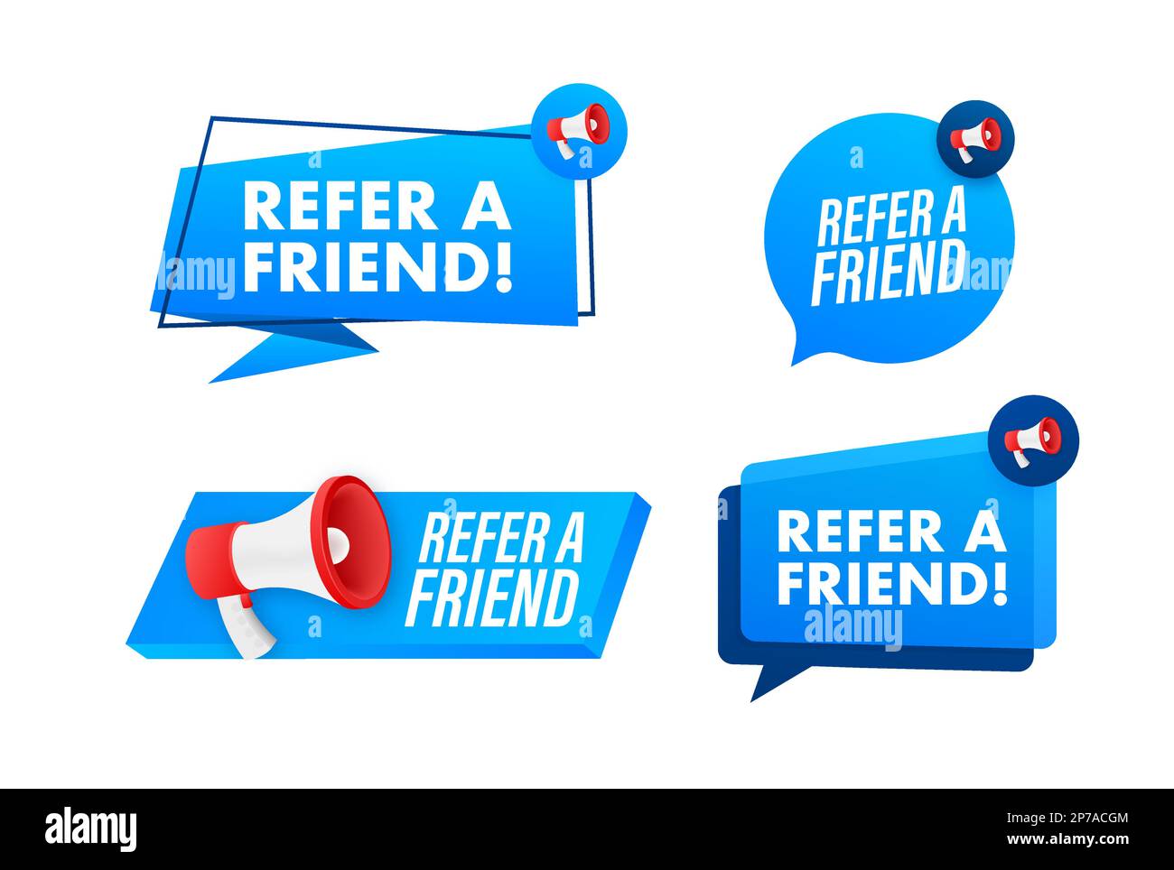 Megaphone label set with text Refer a friend. Megaphone in hand ...