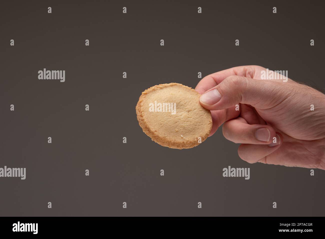 Single shortbread biscuit held by male hand. Close up studio shot ...
