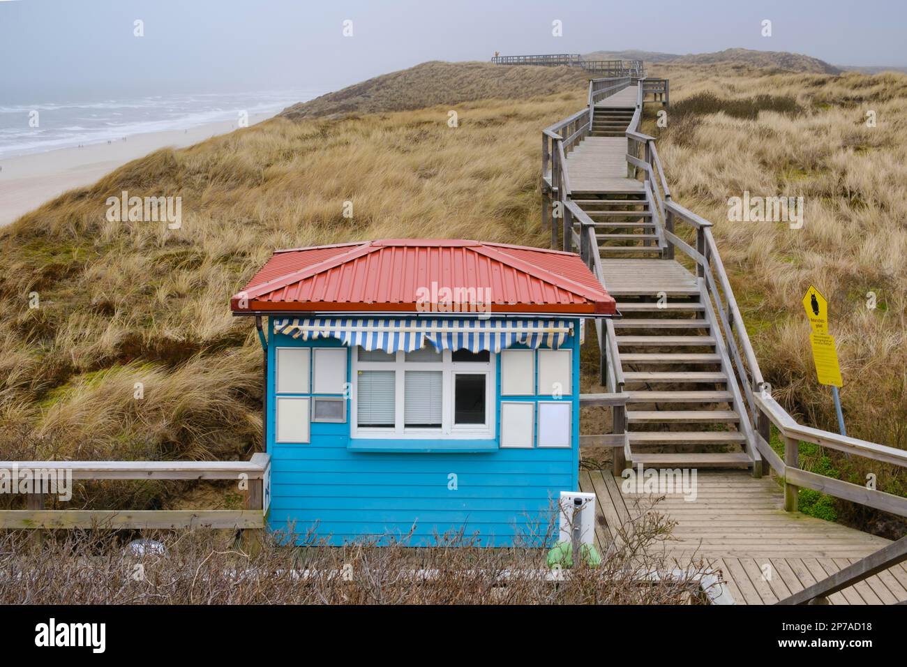 Control hut at the transition to the beach, stairs and wooden ...
