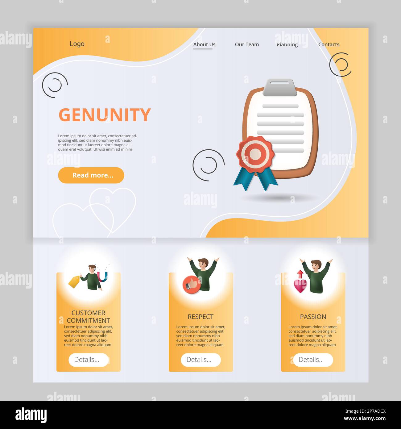 Genuinity flat landing page website template. Customer commitment ...