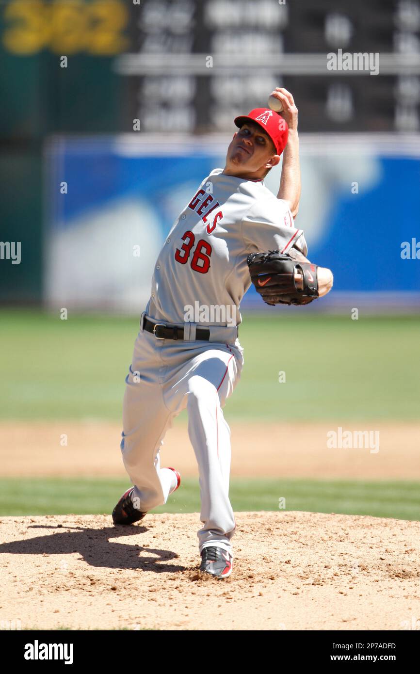 Los Angeles Angels Jered Weaver plays in a game against theOakland A's on September 3,2010 at ...