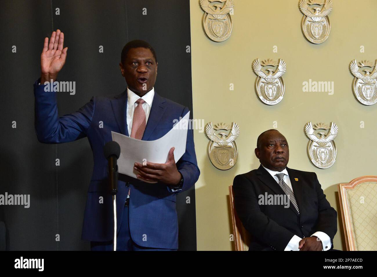 CAPE TOWN, March 8, 2023 (Xinhua) -- South African Deputy President Paul Mashatile (L) gestures ...