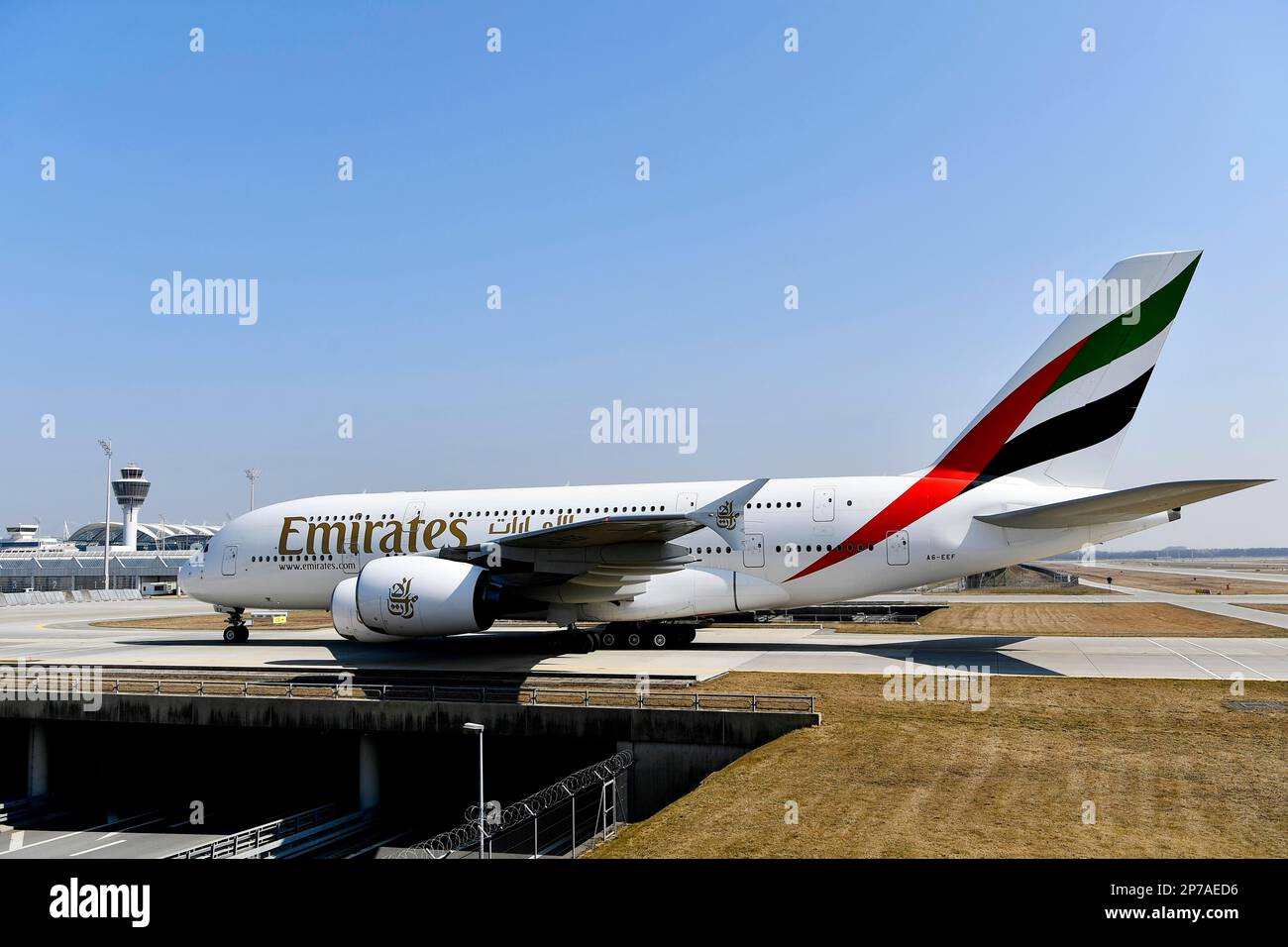 Emirates Airlines, Airbus A380-800 taxis on bridge from southern runway ...