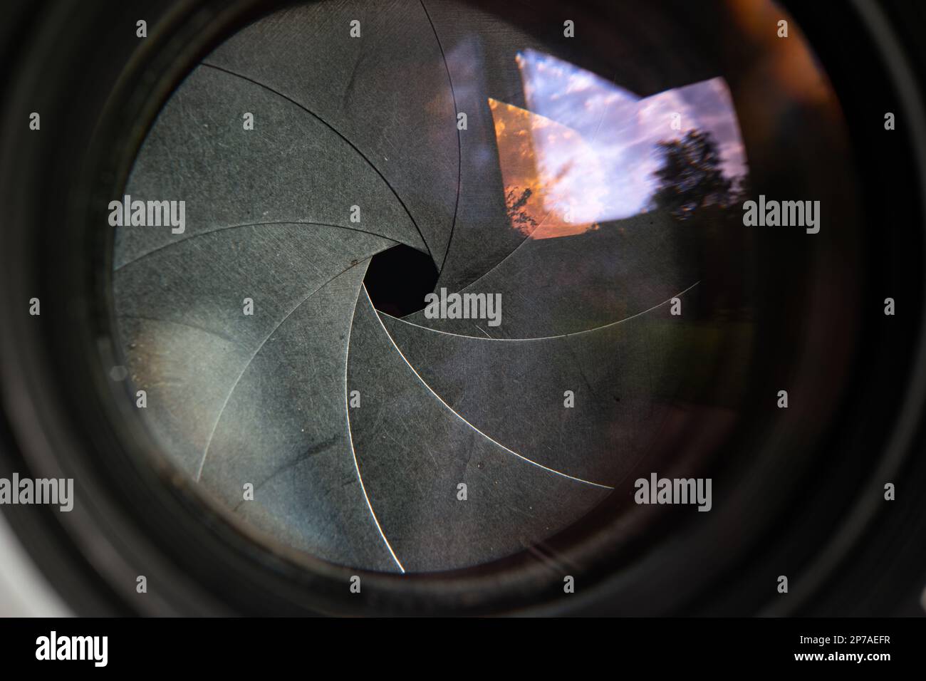 Closed down aperture blades on a large manual focus lens, macro close ...