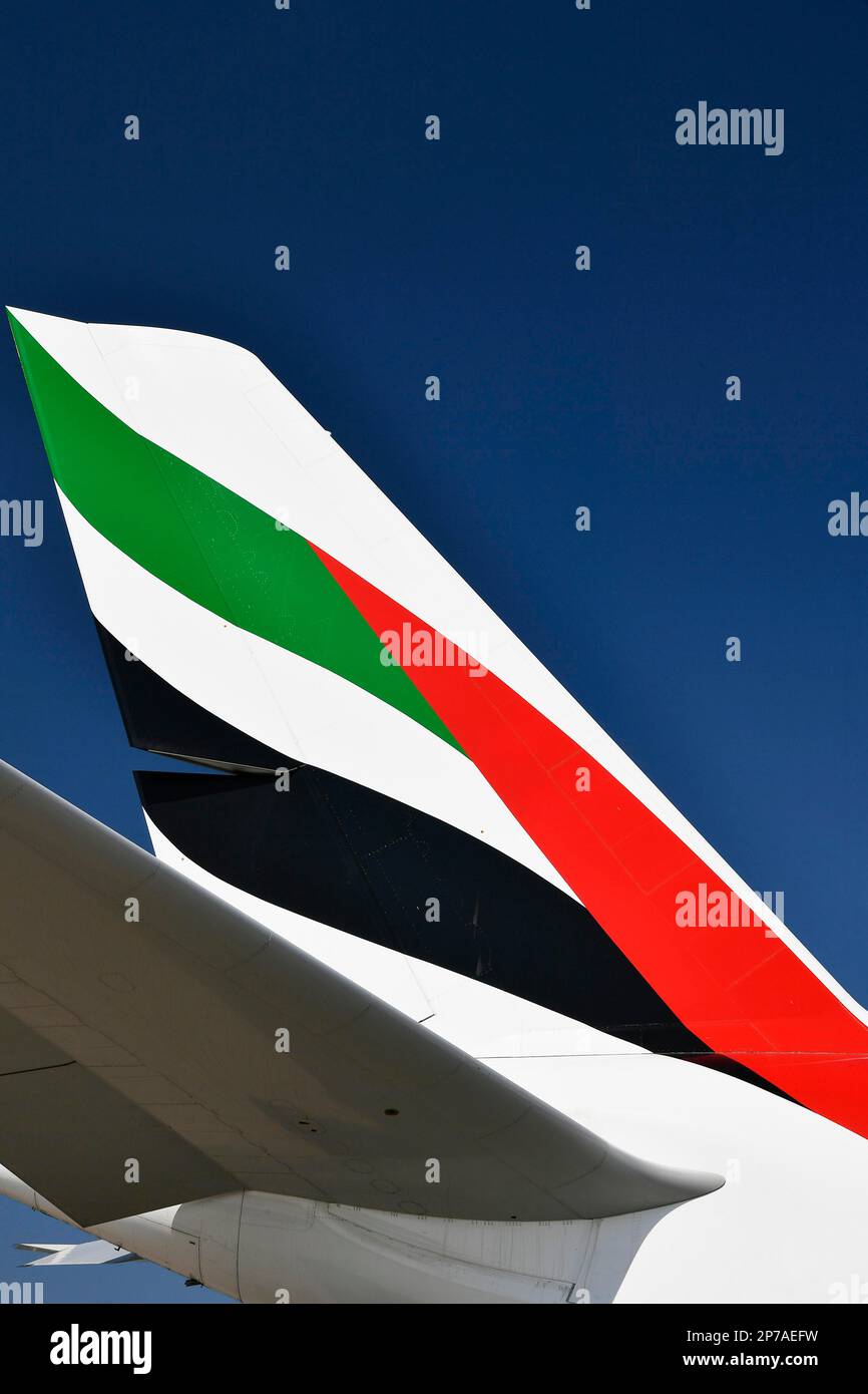 Emirates Airlines, Airbus A380-800 tailplane, rudder, Munich Airport ...
