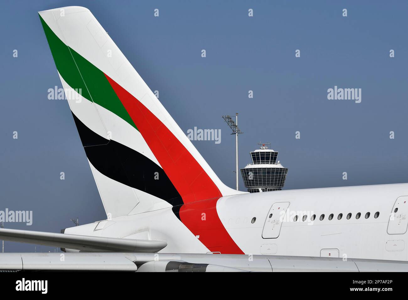 Emirates Airlines, Airbus A380-800 tailplane, rudder with tower, Munich ...