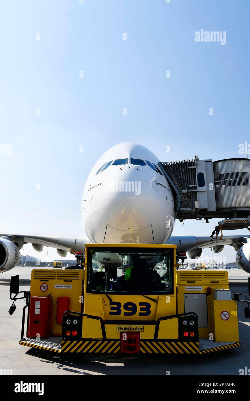 Emirates Airlines, Airbus A380-800 towing with push back truck, Munich ...