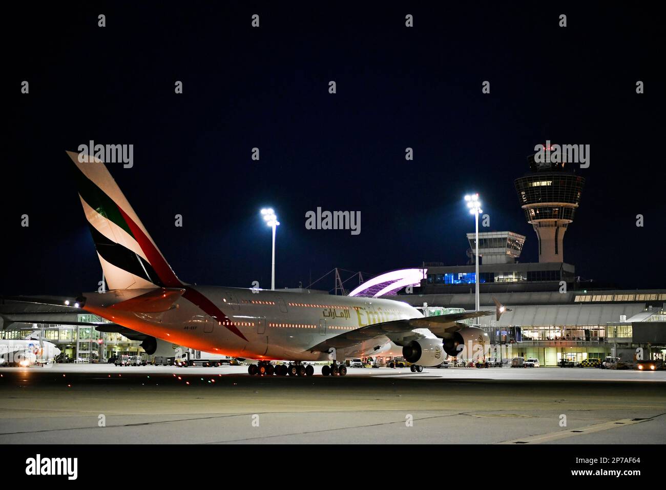 Emirates Airlines, Airbus A380-800 taxiing at night on position to ...