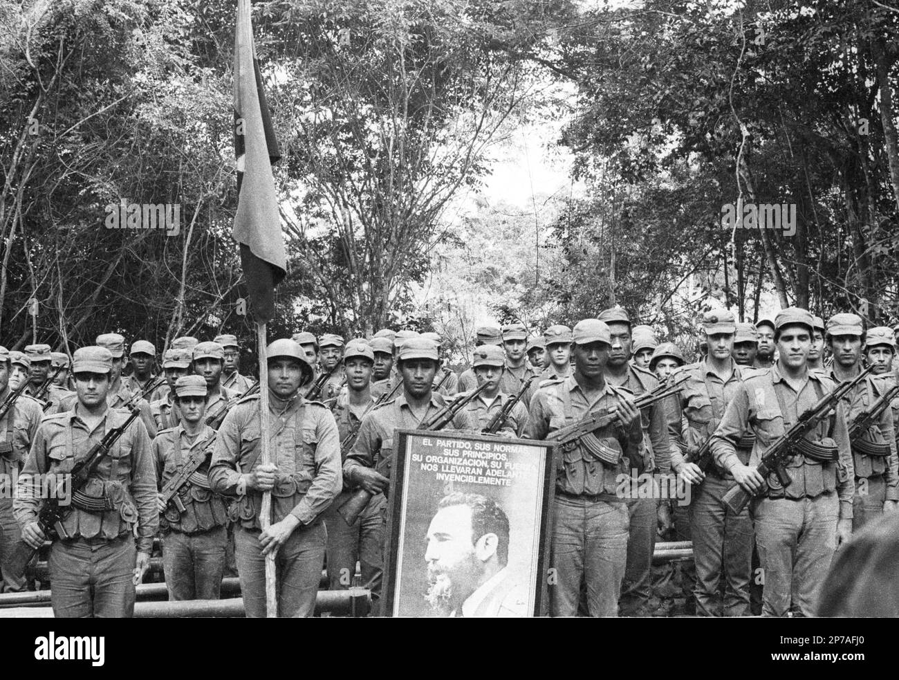 Cuban soldiers stand in formation in front of picture of Cuban ...