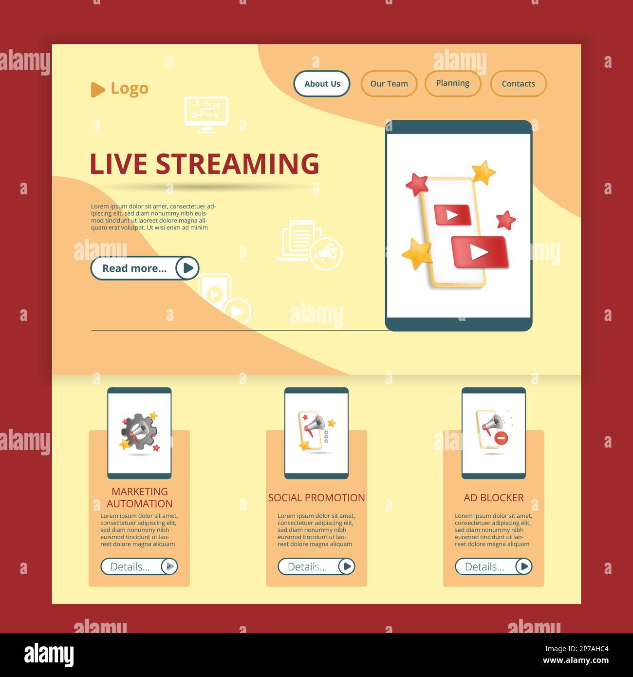 Live streaming flat landing page website template. Market automation ...