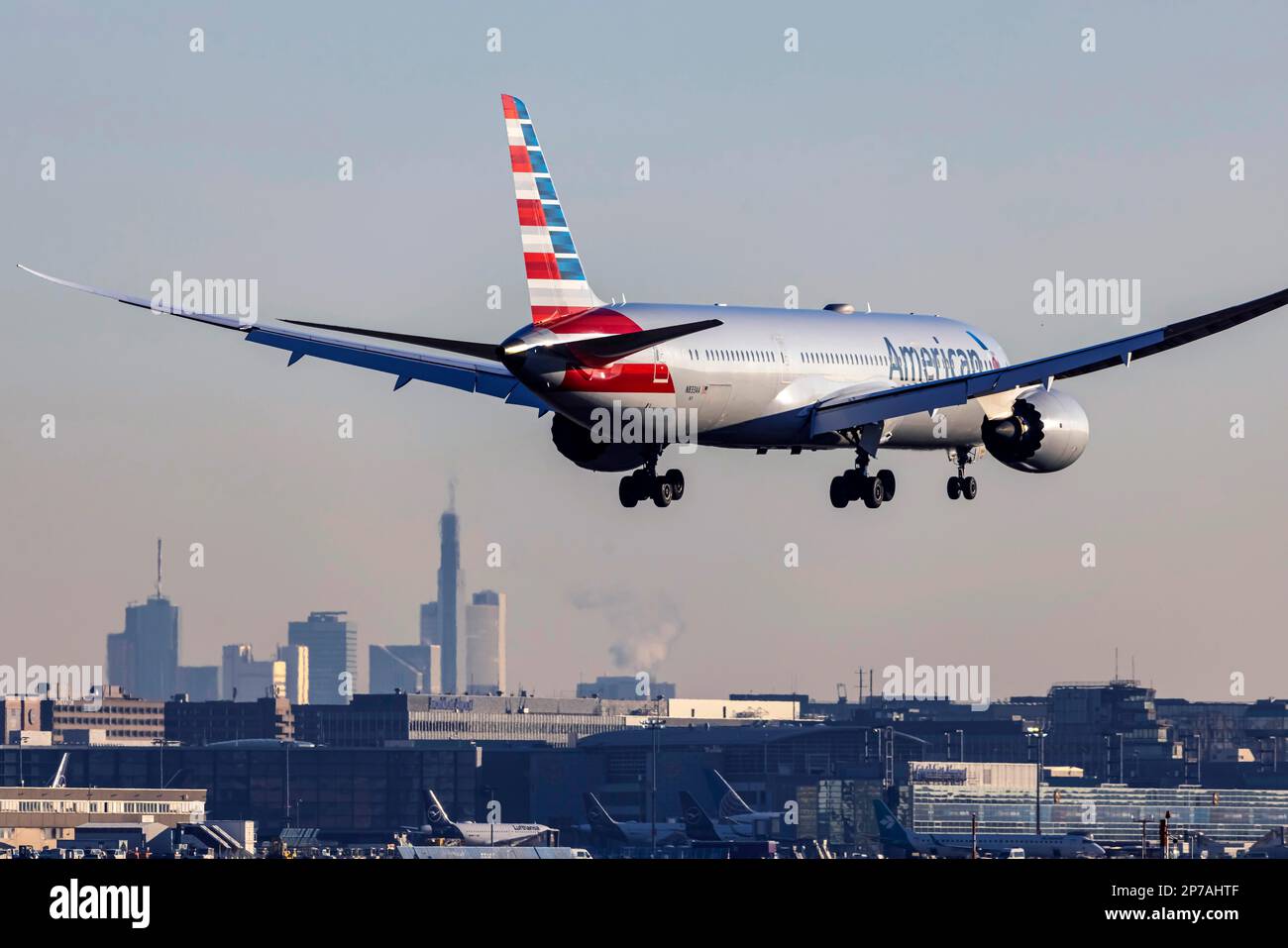 Fraport Airport with skyline, aircraft of the type Boeing 787-9 ...