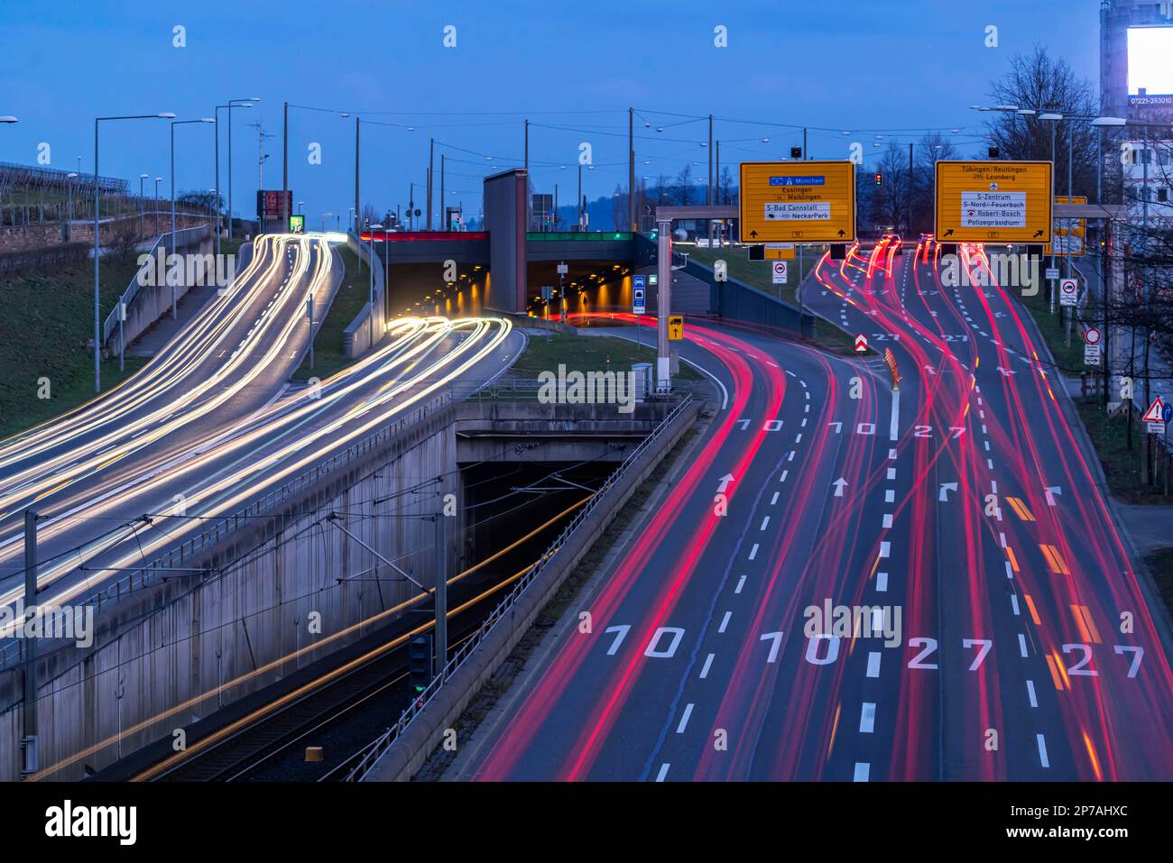 Four-lane federal road, light lanes, city traffic in Stuttgart, Baden ...
