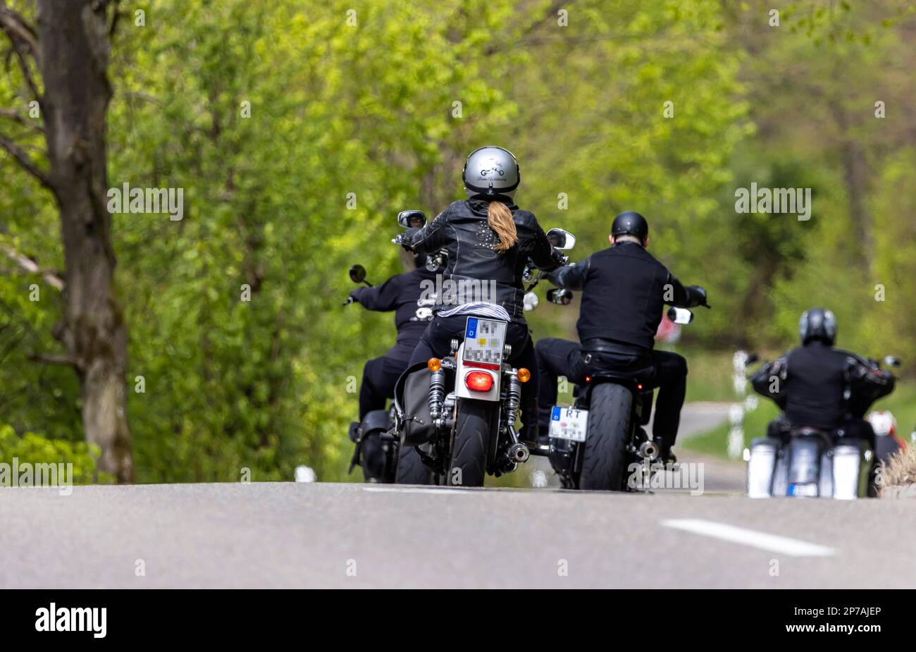 Motorcyclist riding on a country road with many curves, Owen, Baden ...