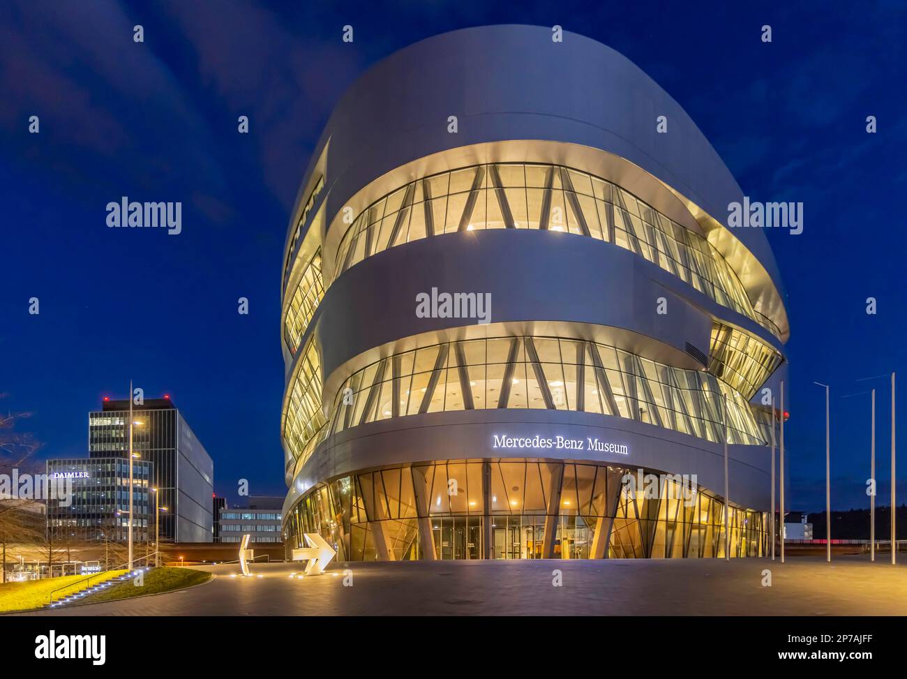 Mercedes Museum by night, exterior view, Mercedes Benz Group AG ...