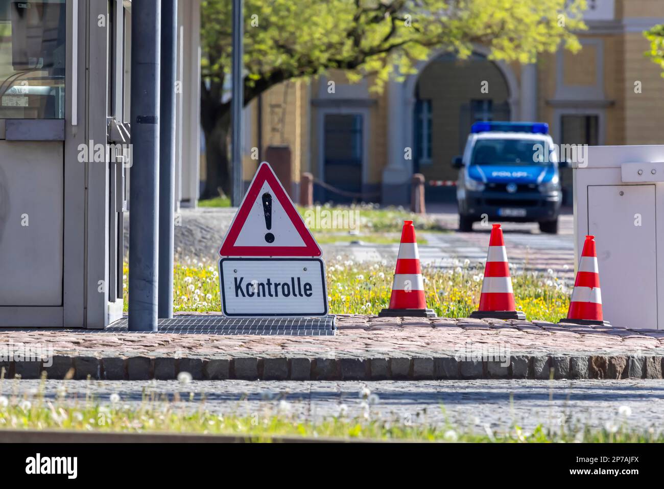 Federal Constitutional Court Karlsruhe, exterior view with warning sign ...