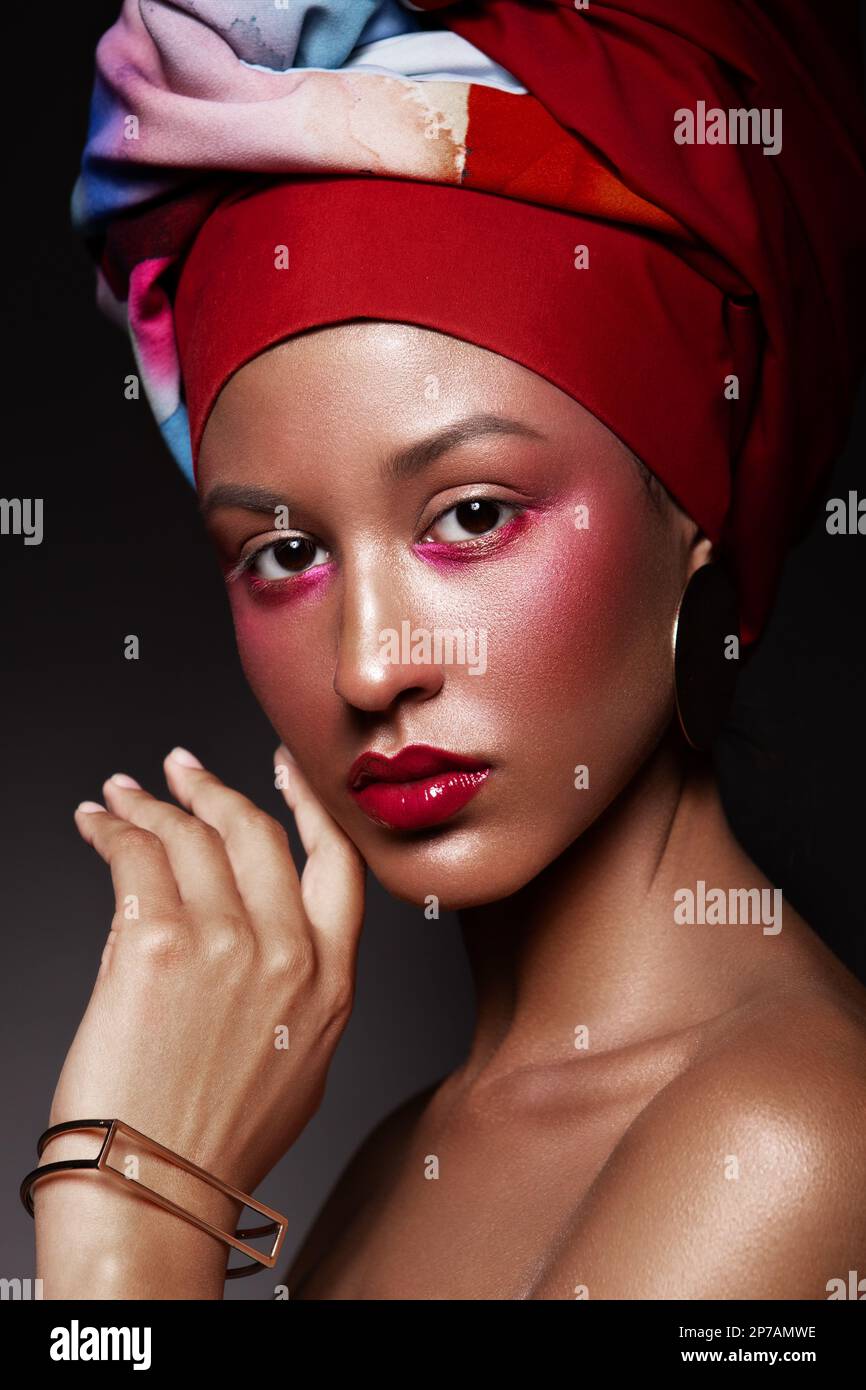Portrait closeup Beauty fantasy african woman face in pink paint ...
