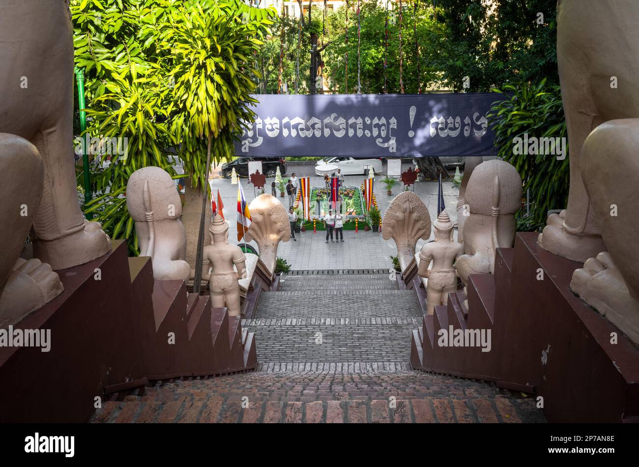 A view down the main stairs leading to the Buddhist Wat Phnom in Phnom ...