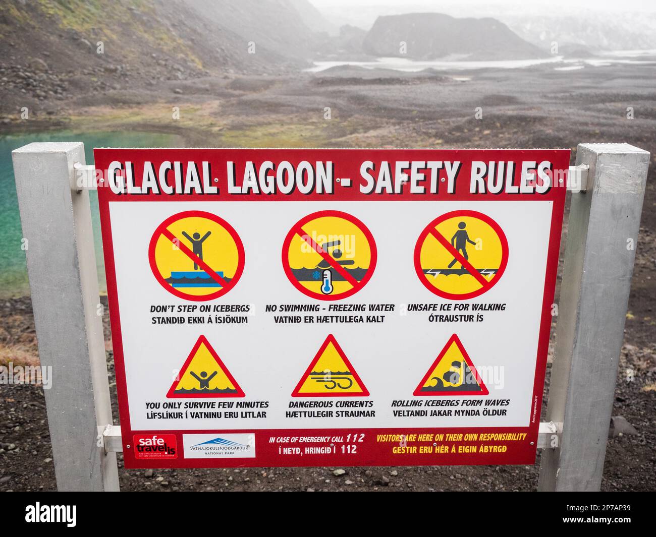 Notice board, safety rules at the glacier lagoon, Skaftafellsjoekull ...