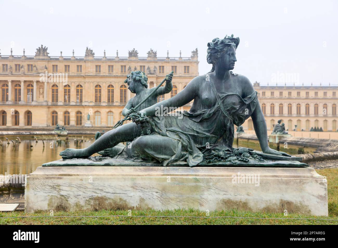 Bronze statue Nymph, Parterre dEau, garden facade Chateau de Versailles ...