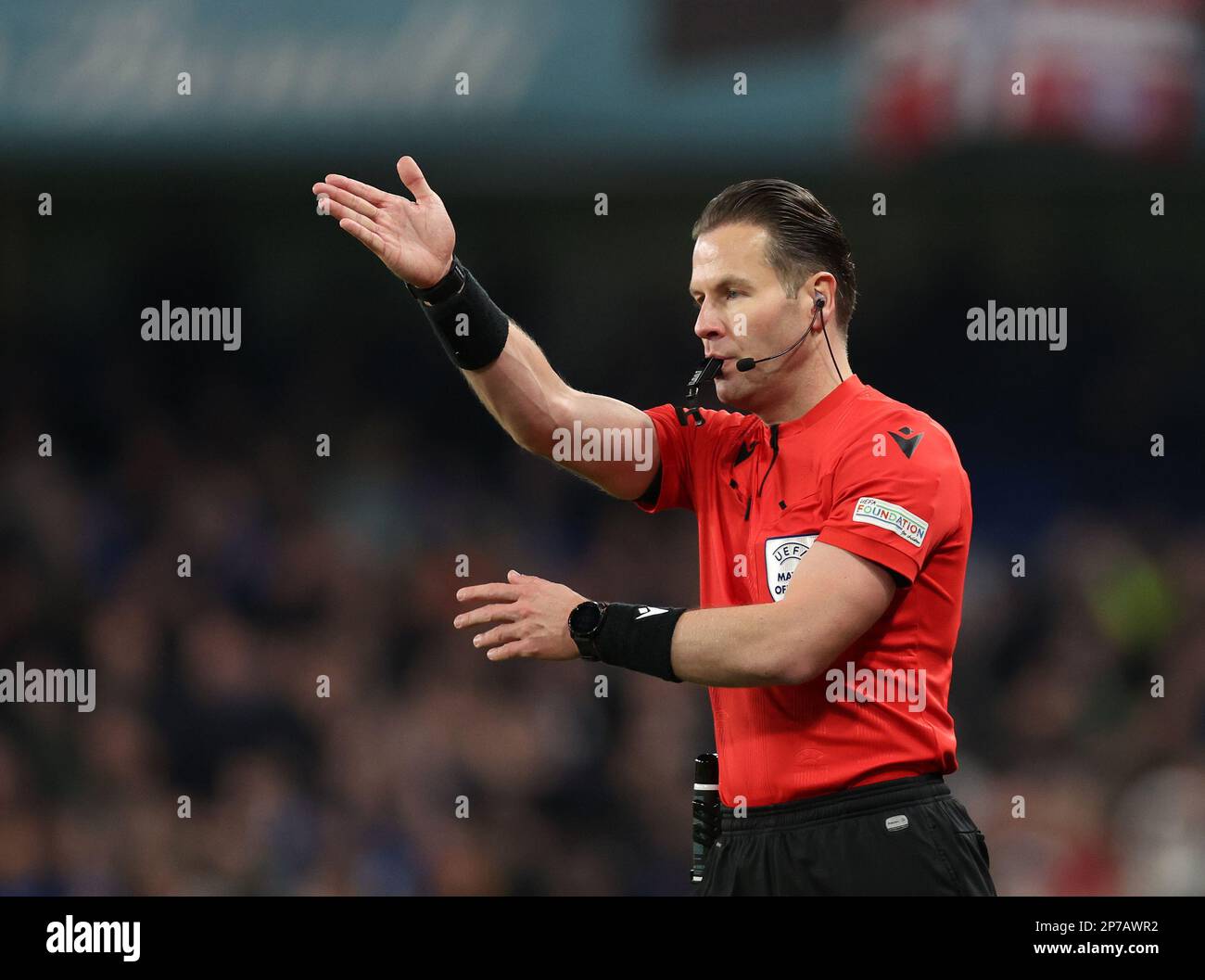 London, England, 7th March 2023. Referee Danny Makkelie during the UEFA ...