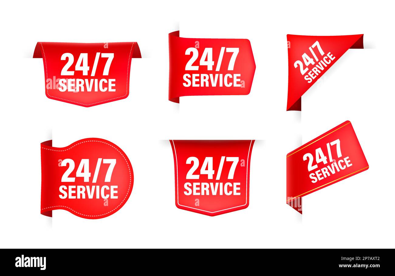 Red ribbon with text 24 7 service. Banner ribbon label 24 7 service ...