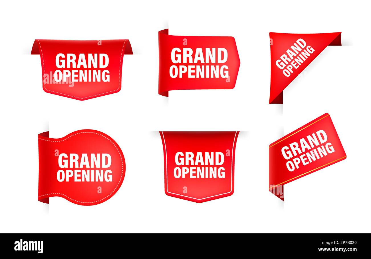 Red ribbon with text grand opening. Banner ribbon label grand opening ... Red ribbon with text grand opening. Banner ribbon label grand opening ...