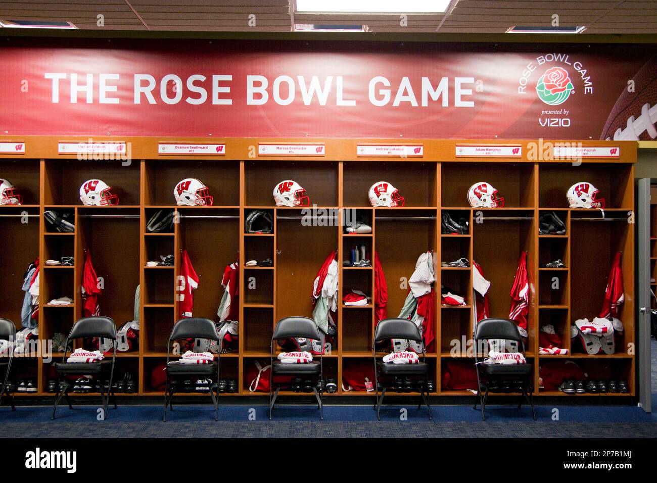 A general view of the Wisconsin Badgers locker room at the Rose Bowl in ...