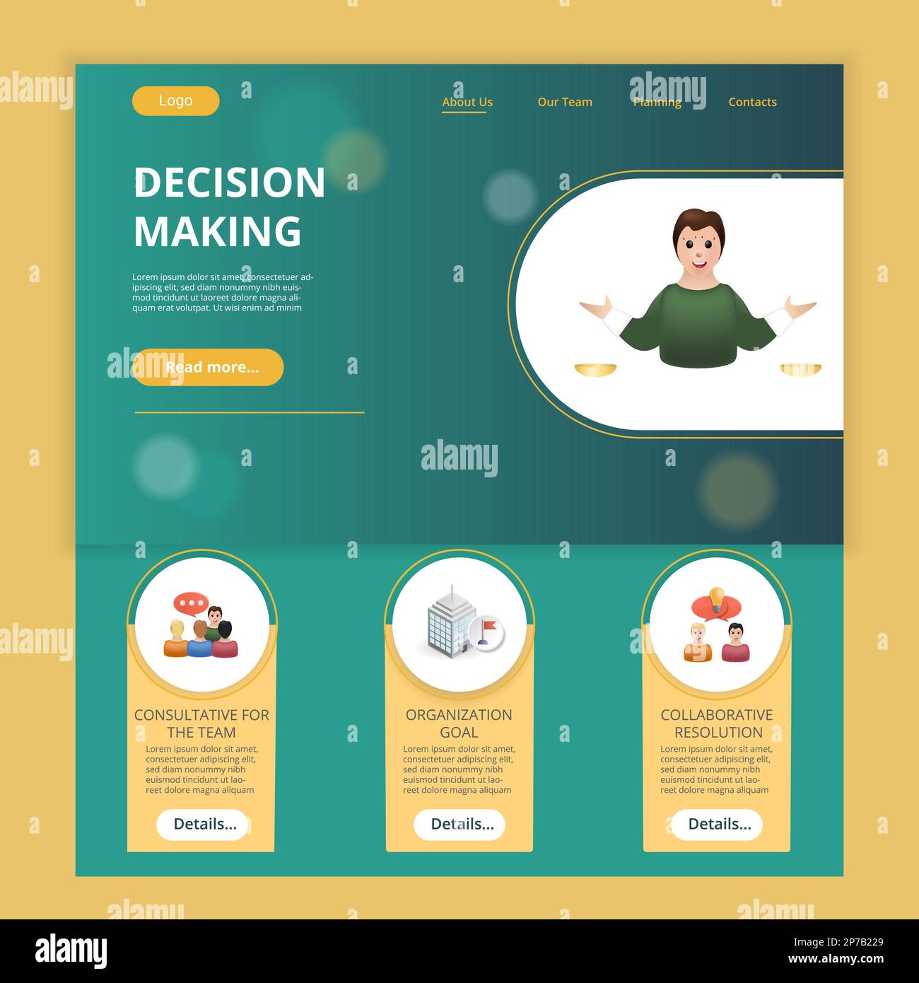 Decision making flat landing page website template. Consultative for the team, organization goal ...