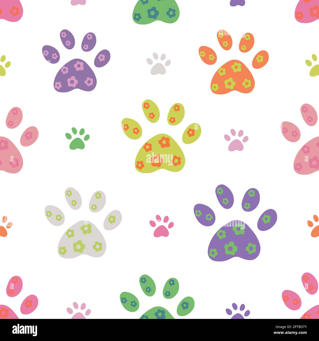 Colorful paw print with flowers seamless fabric design pattern Stock ...