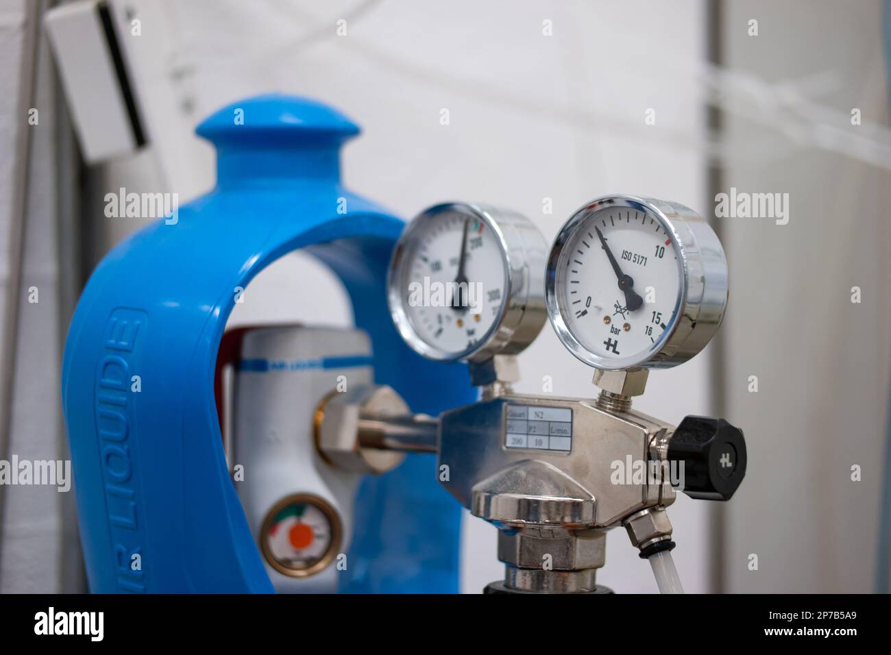 Graded pressure tank gauges close up shot in a workshop lab. Shallow ...